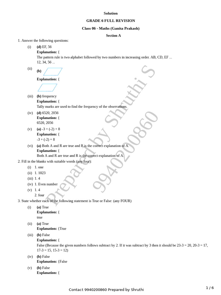 Grade 6 Full Revision Solns | PDF | Numbers | Mathematics