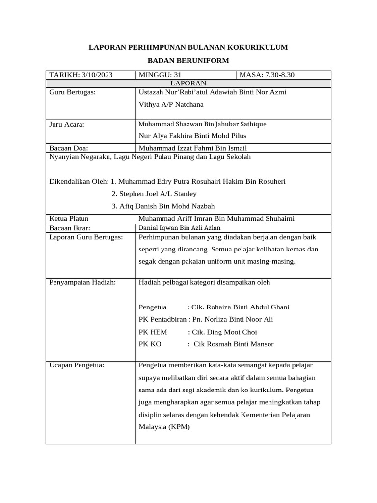 Borang Laporan Perhimpunan Bulanan Kokurikulum | PDF