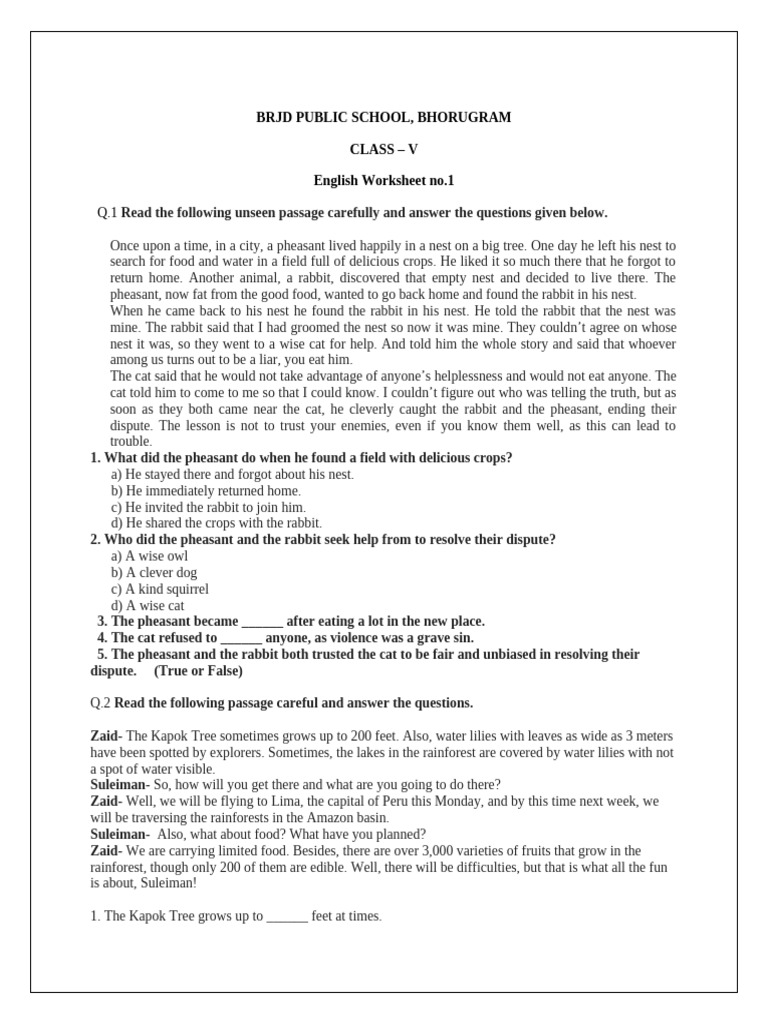 Class 5 English Worksheet 1 | PDF
