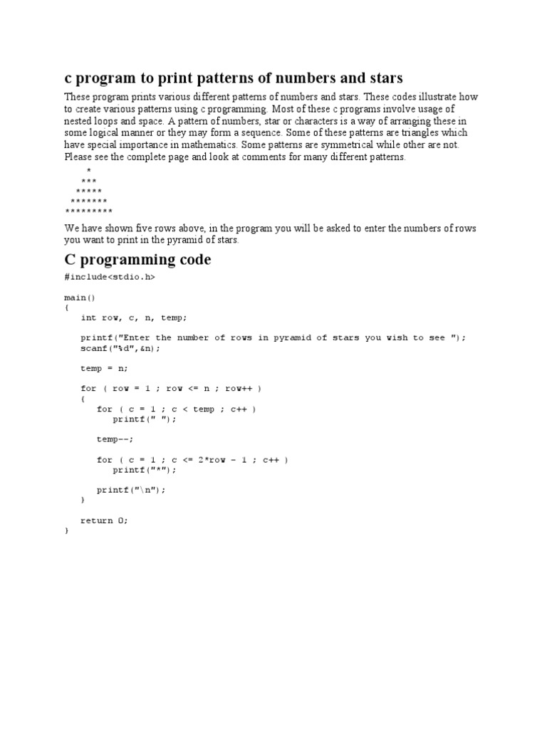 IMPORTANT C PROGRAMS Patterns of Numbers and Stars | PDF | Software ...