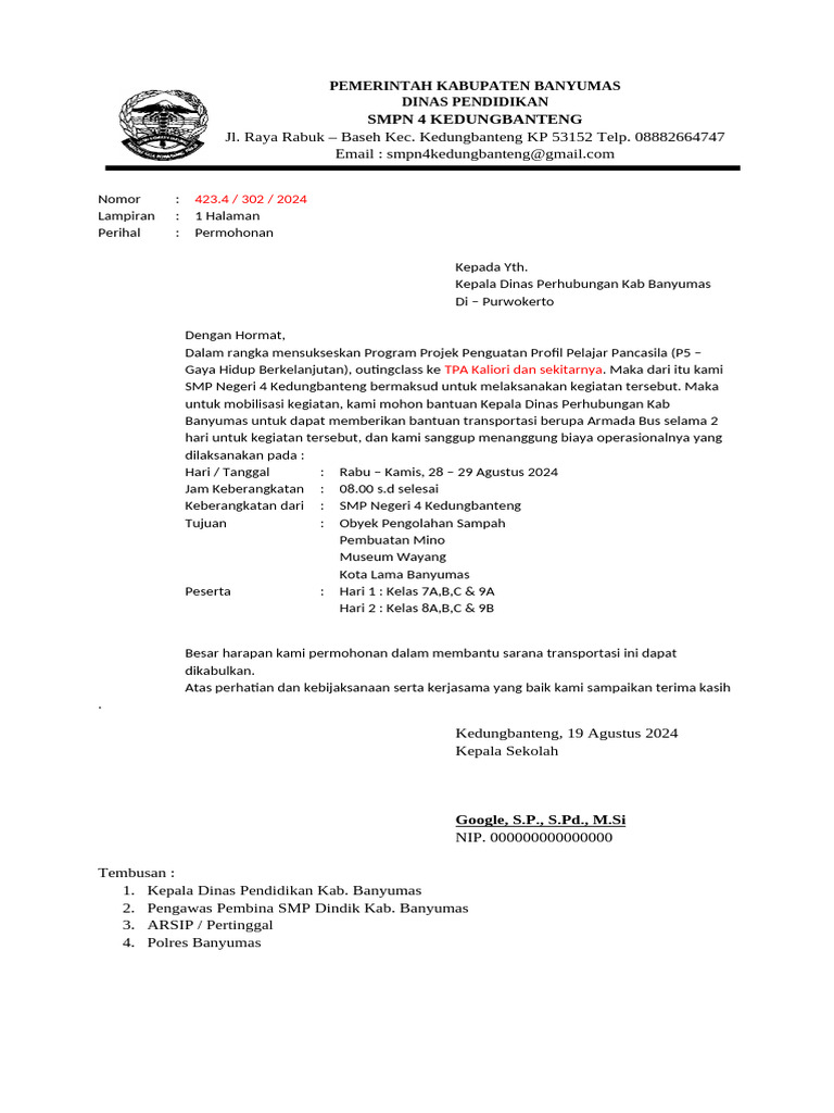 Surat Permohonan Armada BUS Dinas Perhubungan | PDF