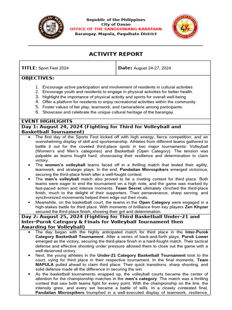 Activity Report (Sport Fest) | PDF | Sports
