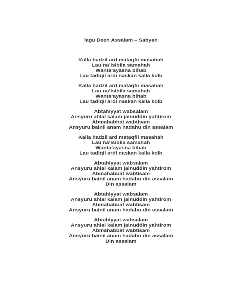 Deen Assalam Lyrics by Sabyan | PDF