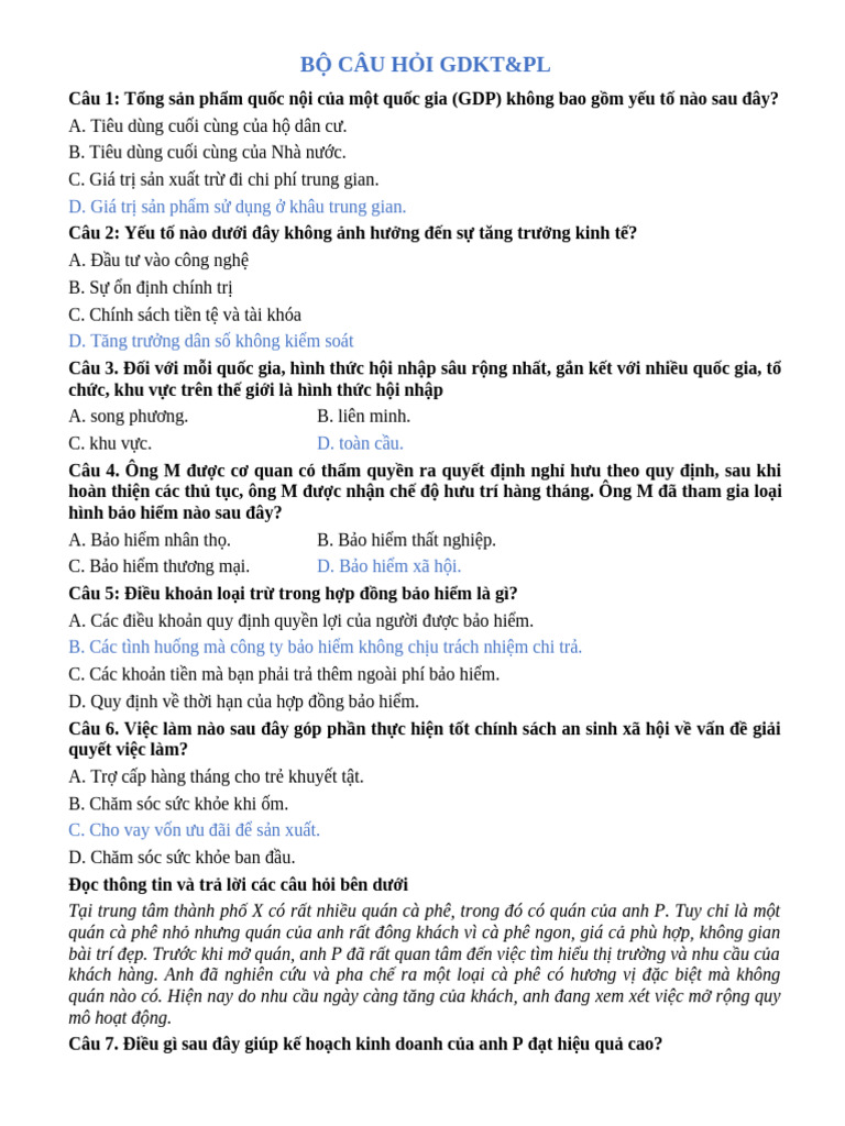 Bộ Câu Hỏi GDKTPL 12 | PDF