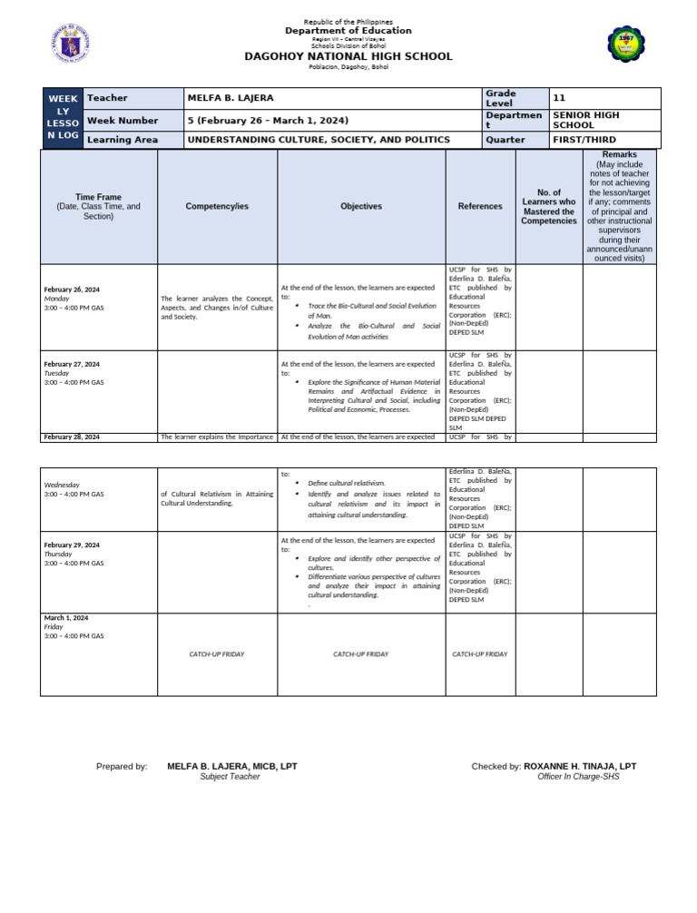 Week 5 - Q3. Lesson Log in UCSP 11 | PDF | Human Communication | Behavior Modification