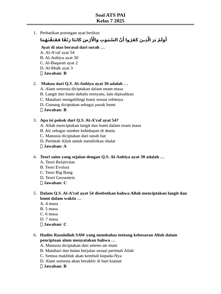Soal ATS - PAI - Kelas 7 THN 2025 | PDF