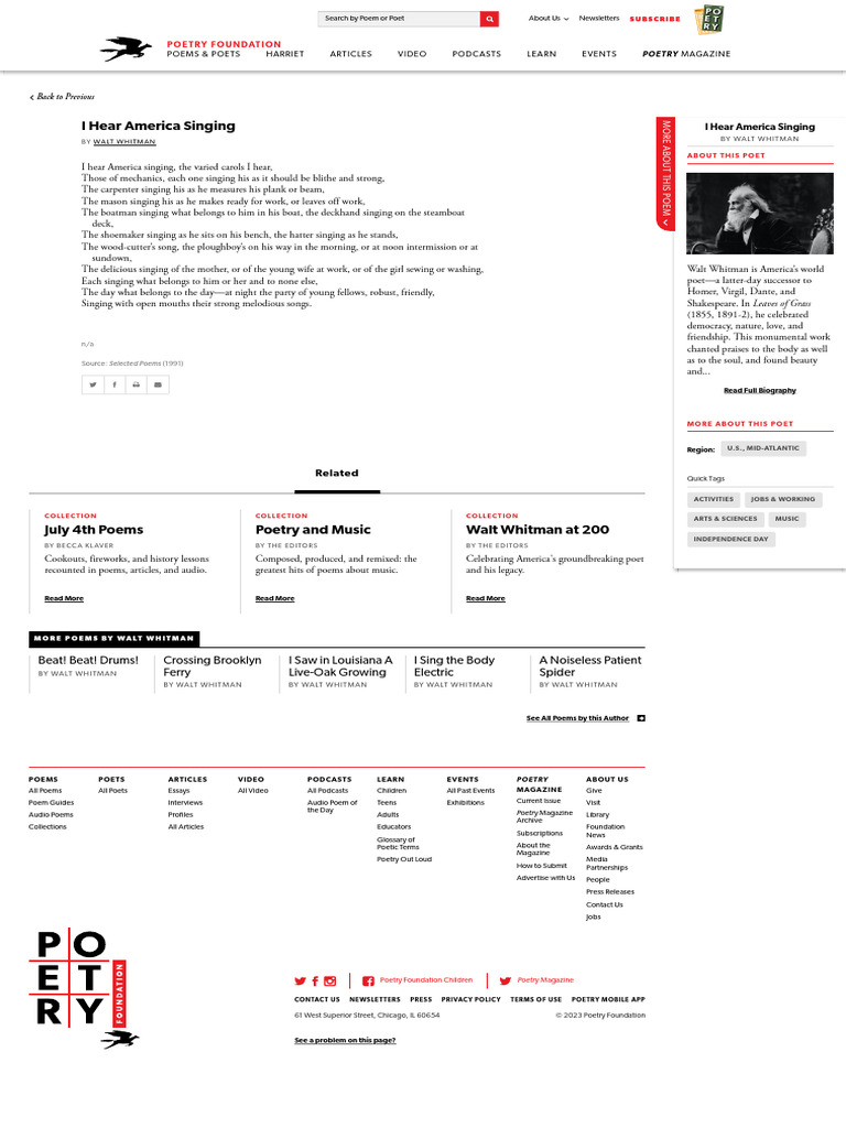 I Hear America Singing by Walt Whitman Poetry Foundation | PDF | Walt ...