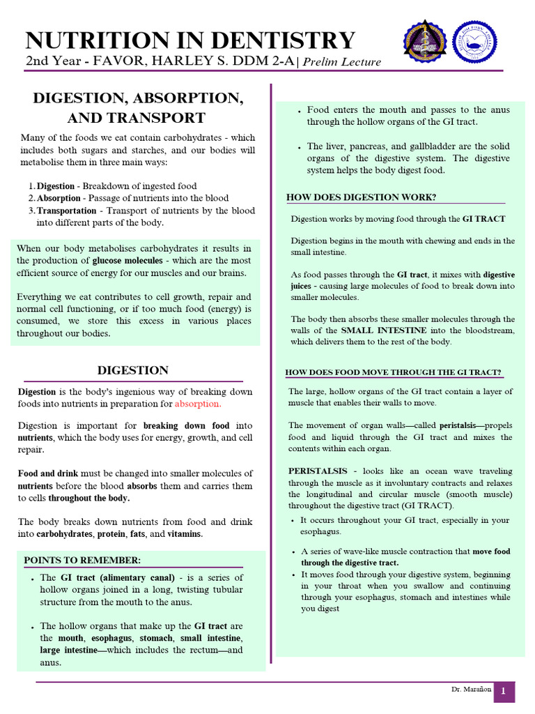 FINAL PRELIM LEC - NUTRI (digest) | PDF | Stomach | Digestion