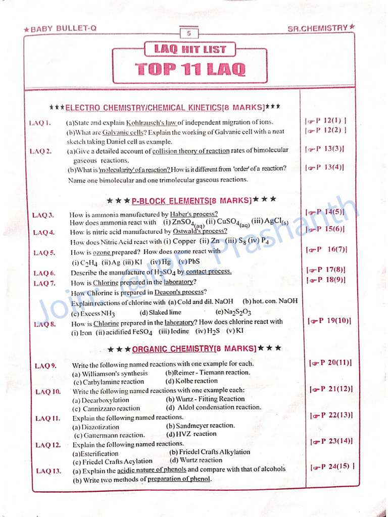 Sr Chemistry - Bullet baby Imp Questions | PDF