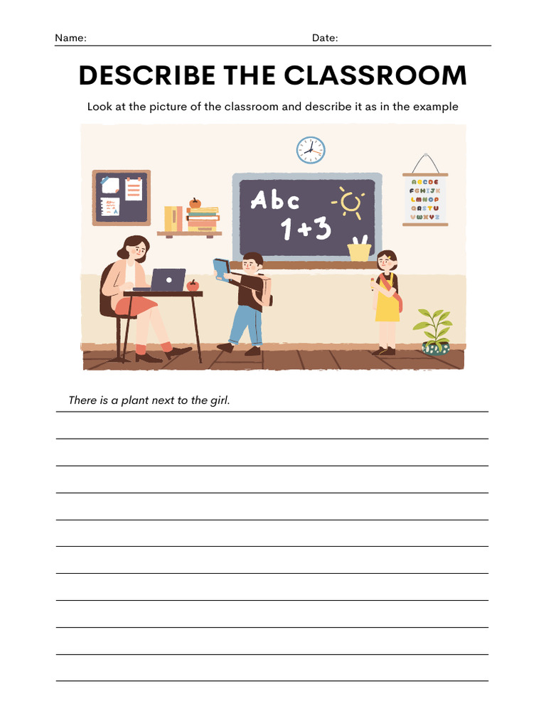 Describe the Classroom Writing Worksheet in Colorful Illustrative Style ...