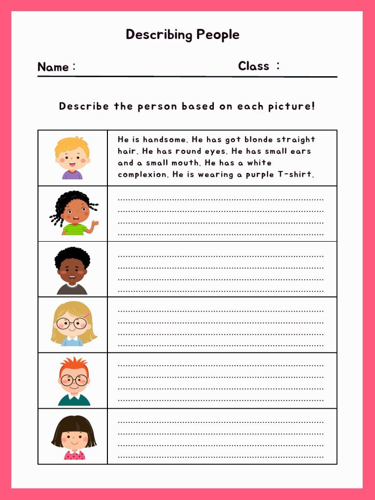 Pink White Simple Describing People English Worksheet | PDF