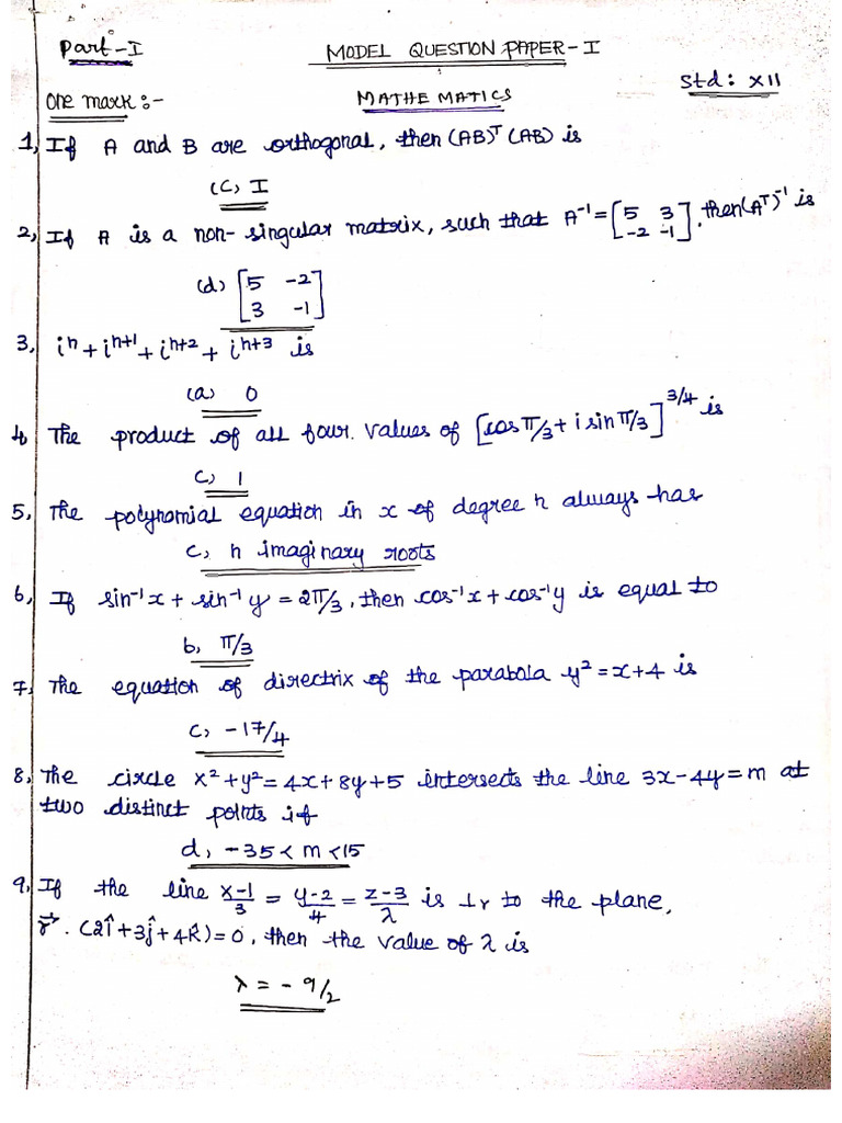 PTA Model-1 Full Answer Key 12th Maths | PDF