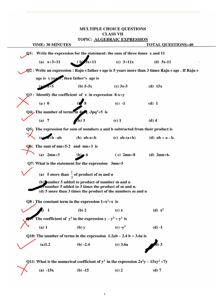 MCQ-ALGEBRAIC EXPRESSION | PDF