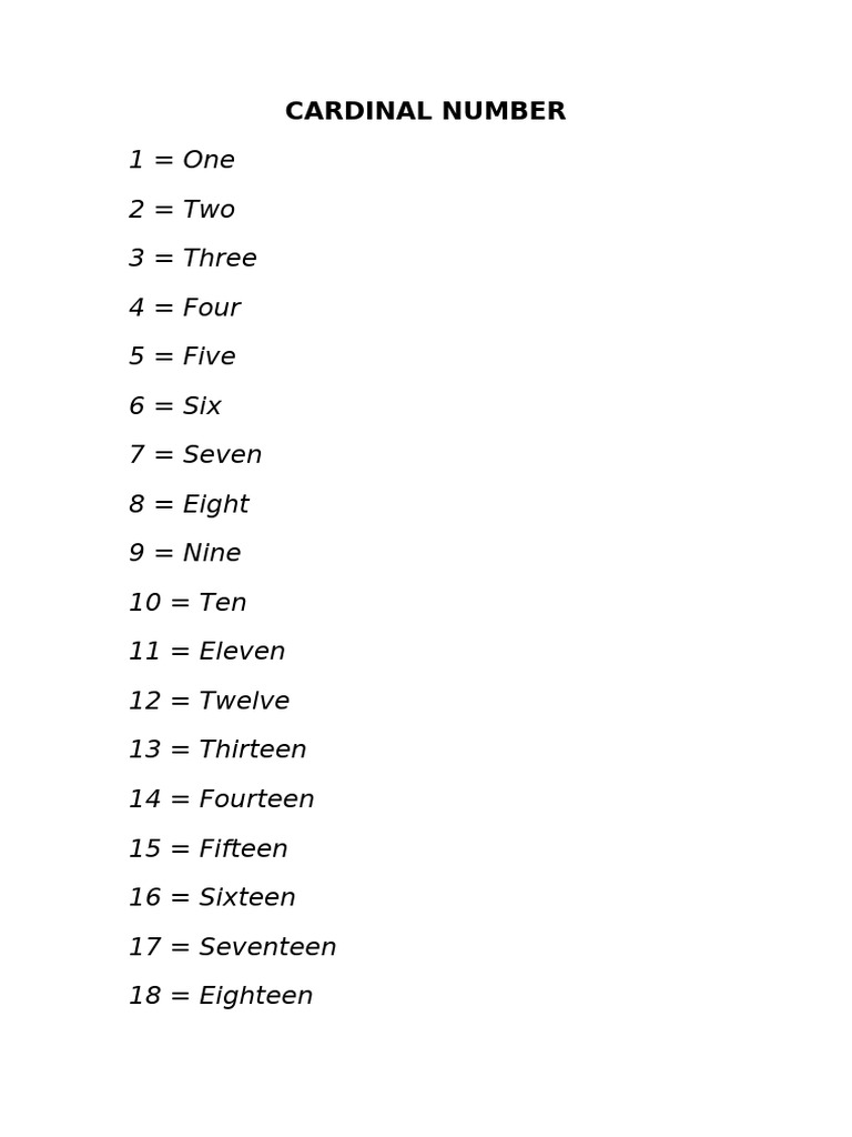 Cardinal Numbers 1 to 100 List | PDF