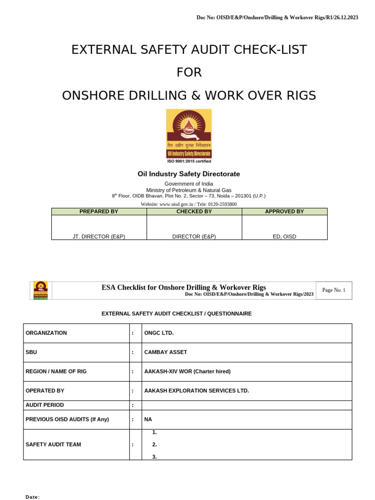 3 - Esa Checklist - Aakash-Xiv m1 | PDF | Oil Well | Blowout (Well Drilling)