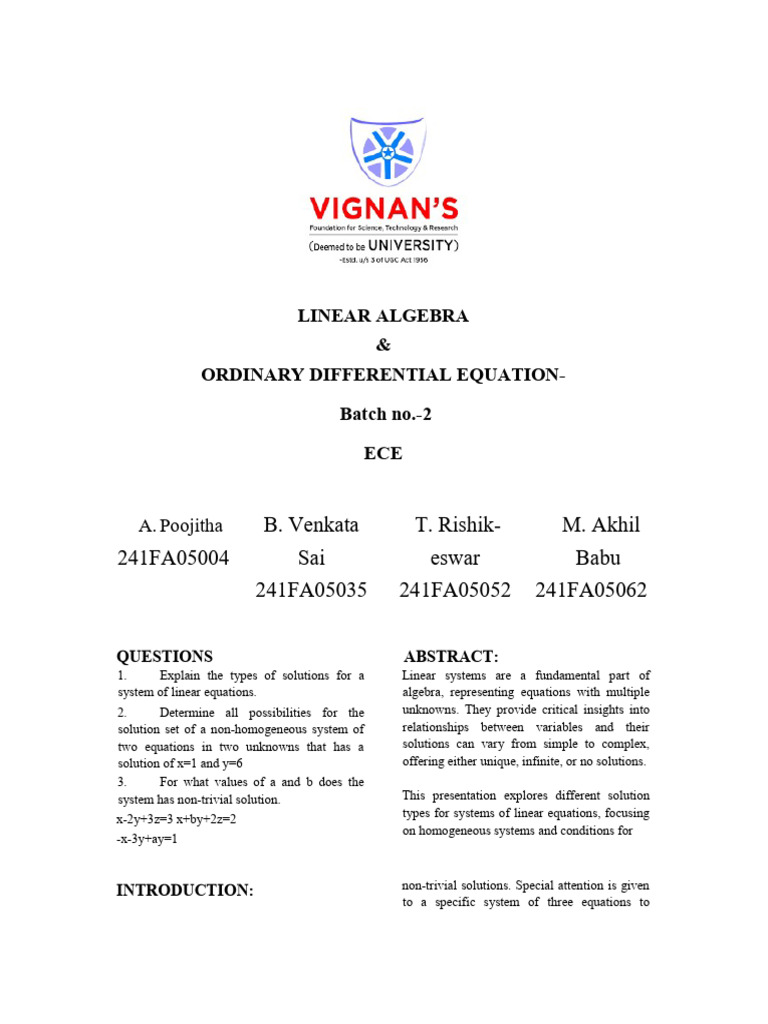 BATCH 2 MATHS IEEE | PDF | System Of Linear Equations | Equations