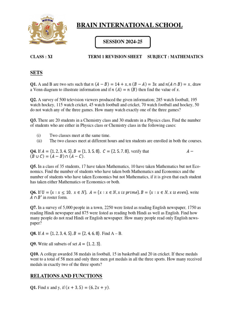 Class XI Math Revision Sheet | PDF | Inequality (Mathematics) | Combinatorics