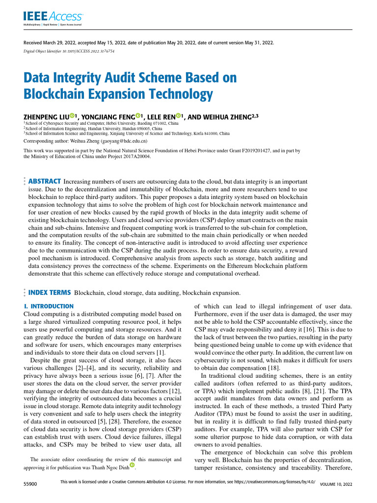 Data Integrity Audit Scheme Based on Blockchain Expansion Technology | PDF | Cloud Computing ...