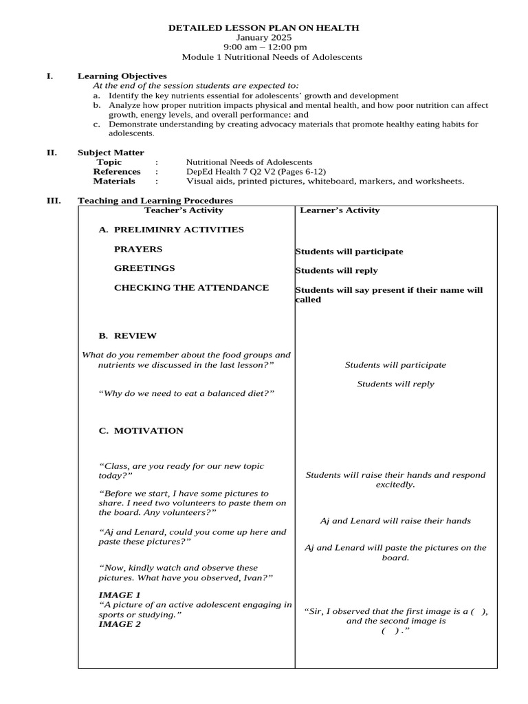 Detailed Lesson Plan On Bped 106 Sir Darrel Kyle | PDF | Nutrition ...