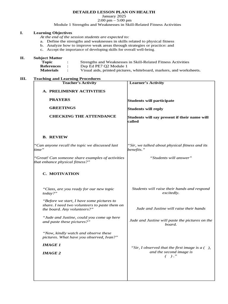 Detailed Lesson Plan On Bped 106 Sir Darrel | PDF | Lesson Plan | Learning