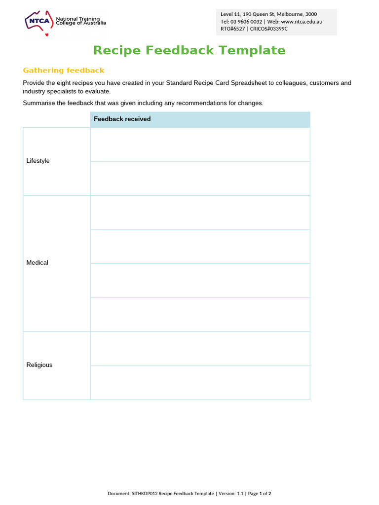 Recipe Feedback Collection Template | PDF