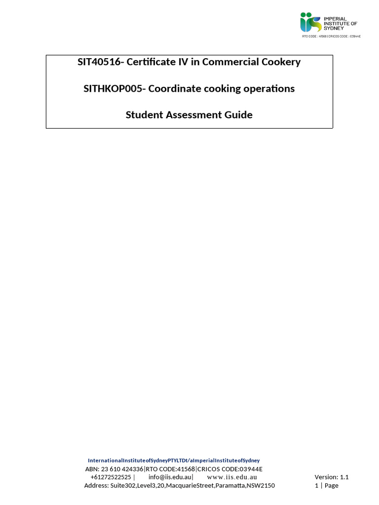 SITHKOP005 - Coordinate Cooking Operations Student Guide | PDF | Menu ...