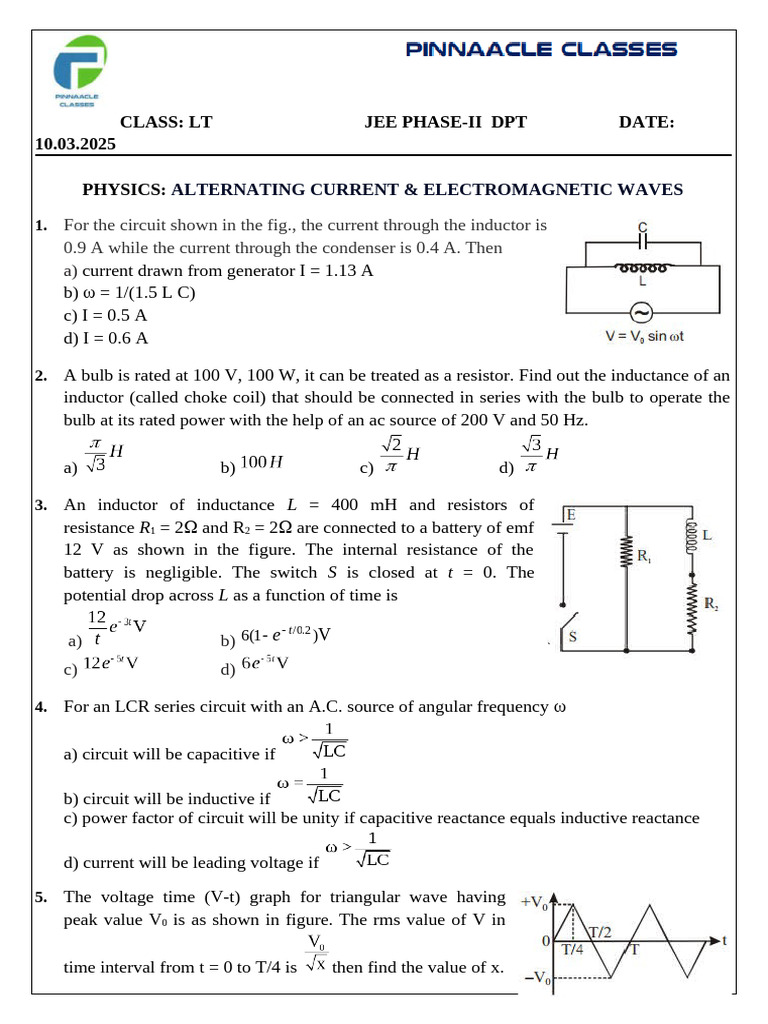 Lt Jee Phase-II Phy Dpt 10.03.25 | PDF | Electromagnetic Radiation | Waves