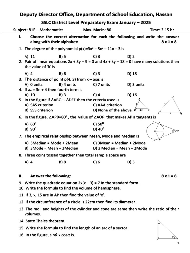 SSLC District Level Math Exam 2025 | PDF | Quadratic Equation | Circle