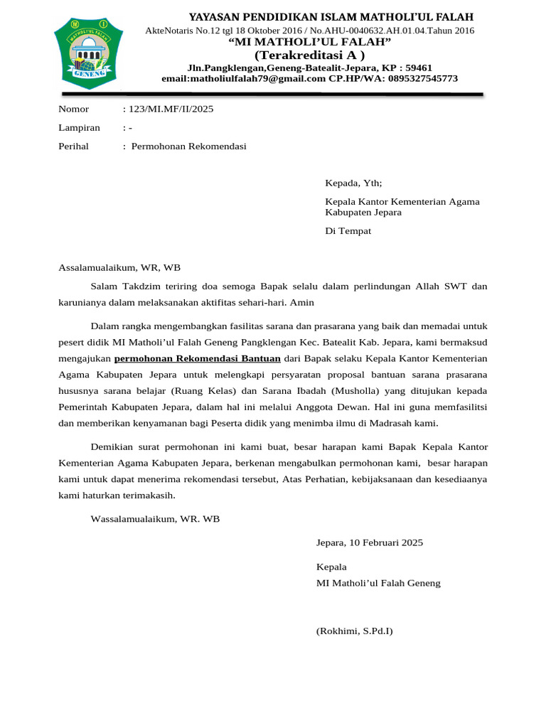 Permohonan Rekomendasi MI Matholi'ul Falah | PDF