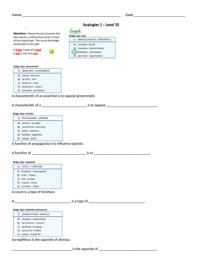 Analogies Practice Worksheet Level 10 | PDF