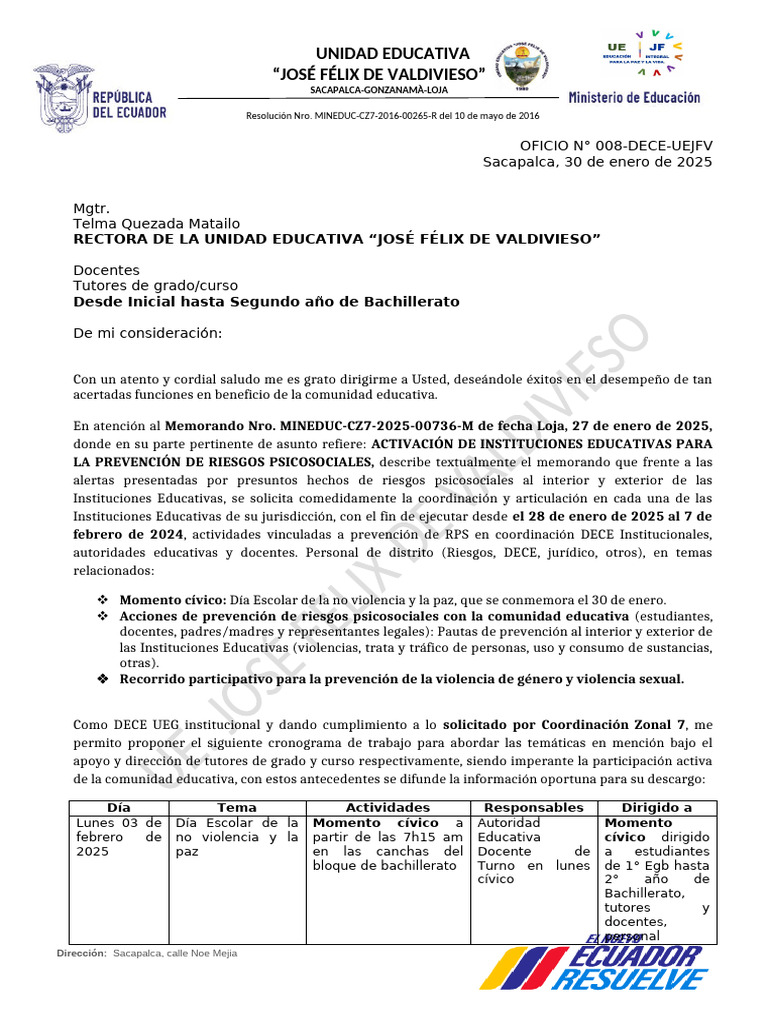 OFICIO N° 008 DECE UEJFV 2025 | PDF