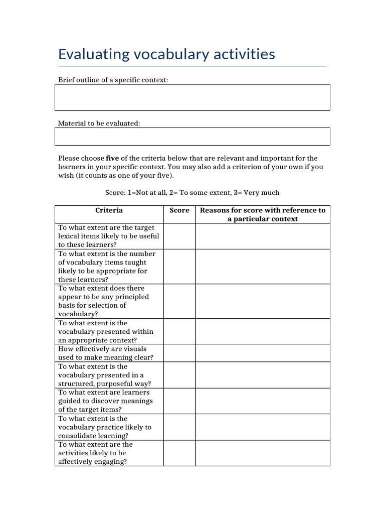 Vocabulary Activity Evaluation Guide | PDF