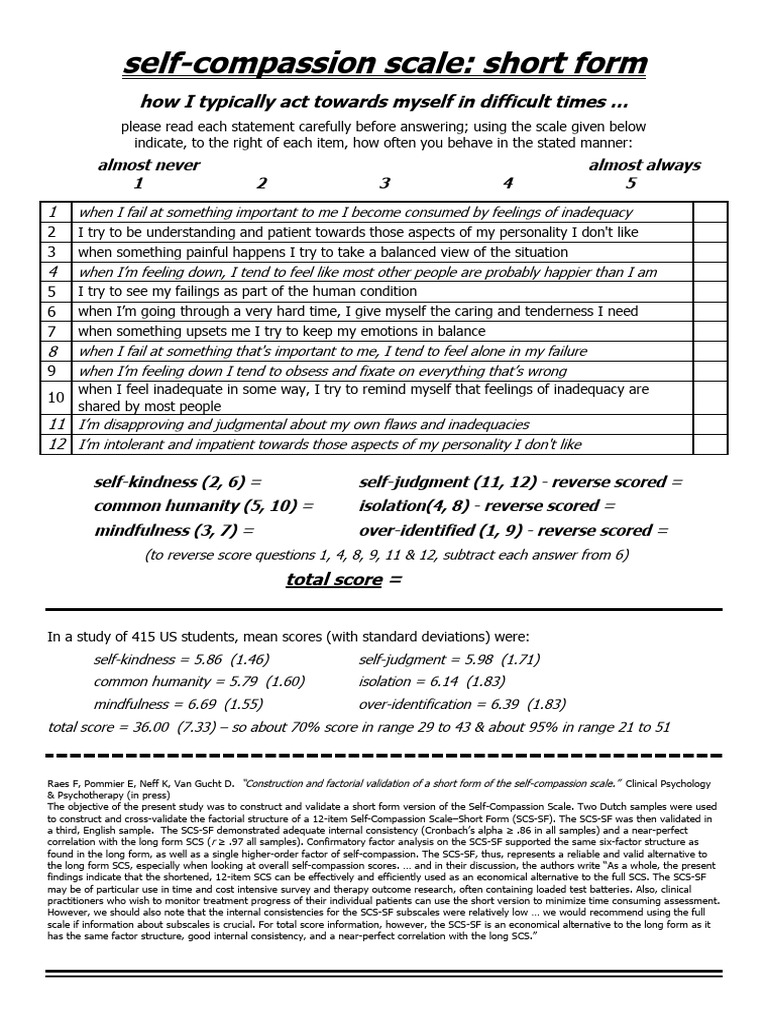 Self-Compassion Scale Short-form - Neff + Raes | PDF | Health Care ...