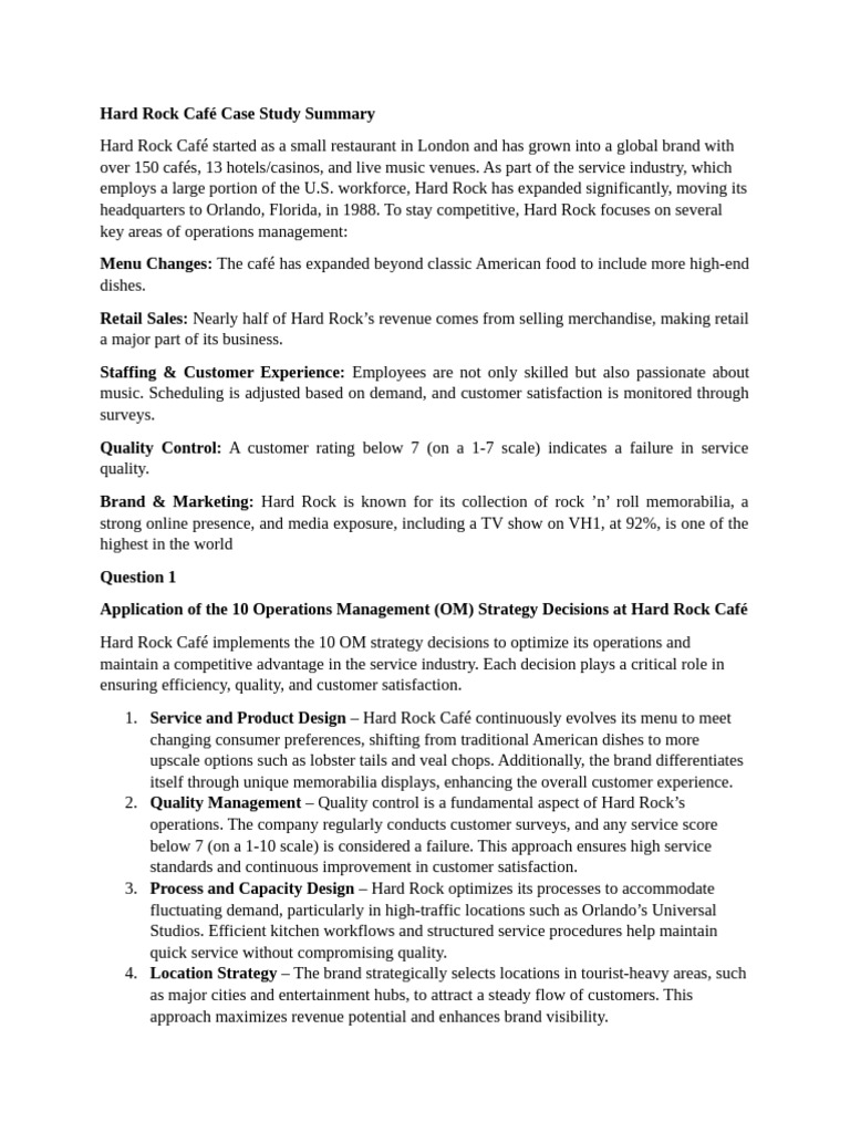 Hard Rock Café Operations Management Insights | PDF | Supply Chain ...