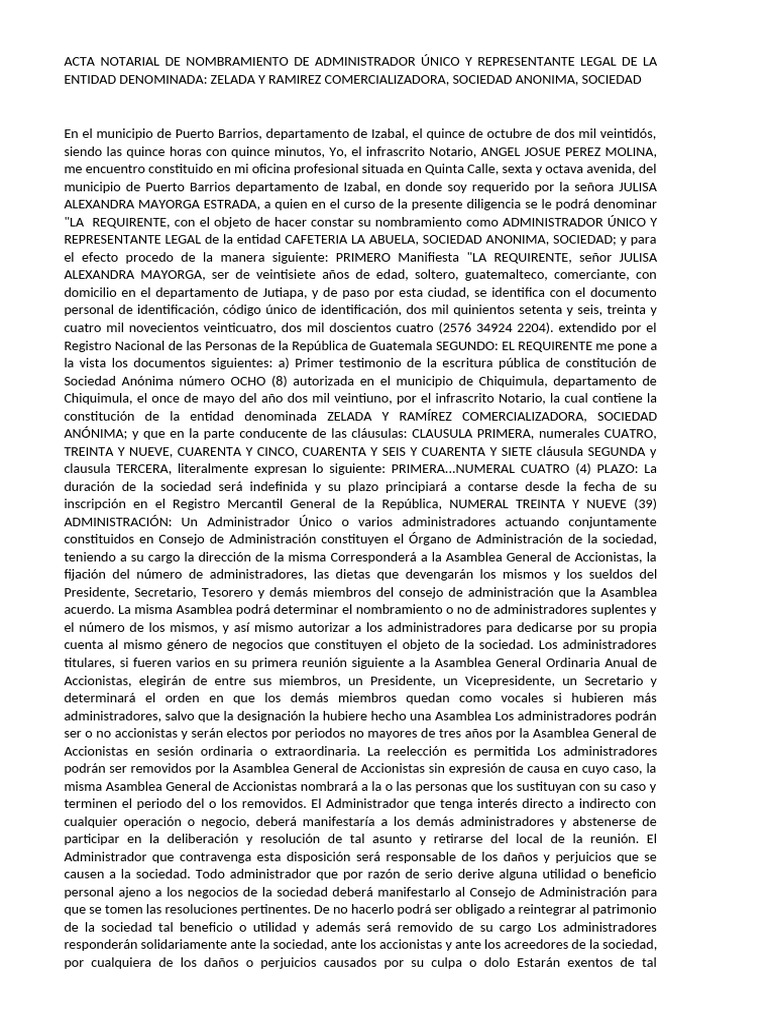 Nombramiento de Administrador Único en S.A. | PDF