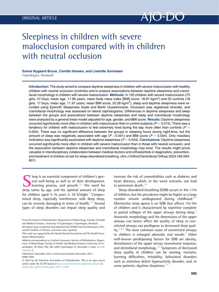 Children's Sleepiness & Malocclusion | PDF | Sleep Apnea | Orthodontics
