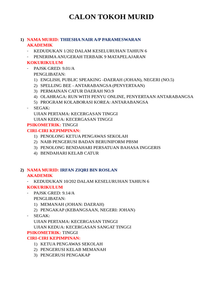 Calon Tokoh Murid | PDF