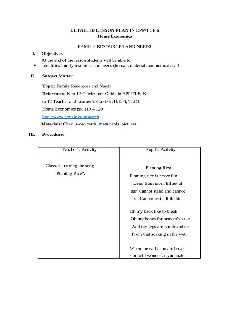 Detailed Lesson Plan in Epp Tle 6 Home Economics | PDF | Teachers ...