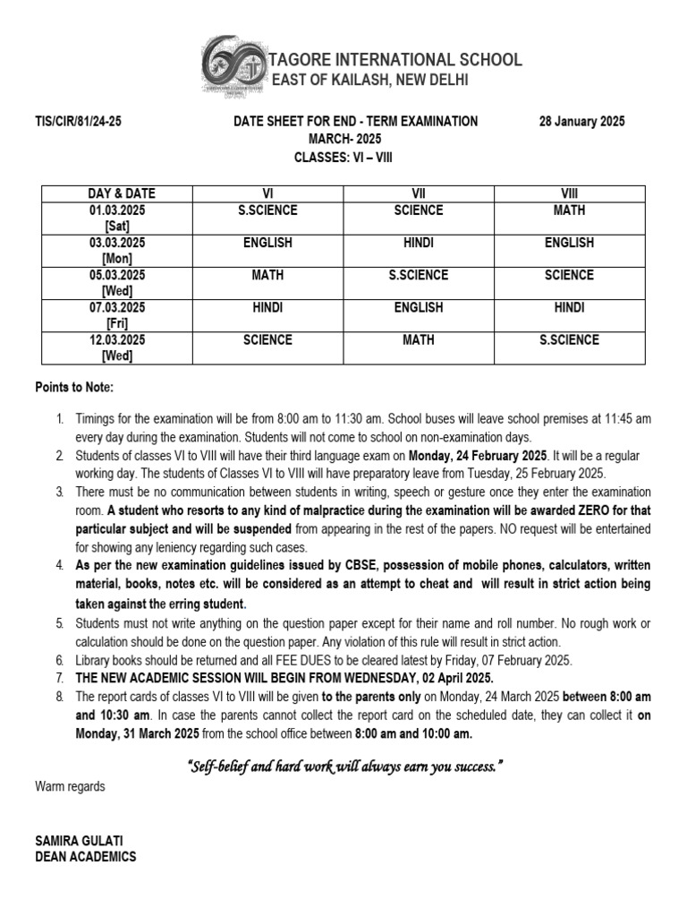End Term Datesheet Vi-Viii 24 - 25 | PDF | Educational Assessment And ...