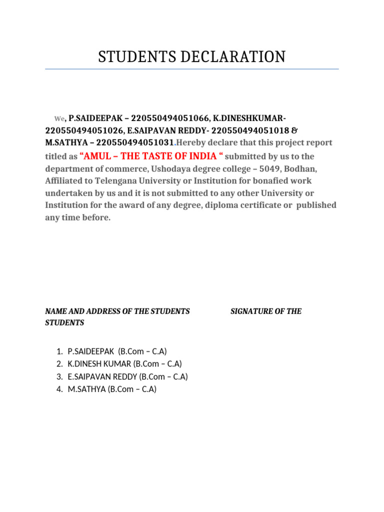 Student Declaration for AMUL Project | PDF