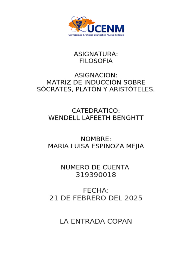 Asignatura: Filosofia Asignacion: Matriz de Inducción Sobre Sócrates ...