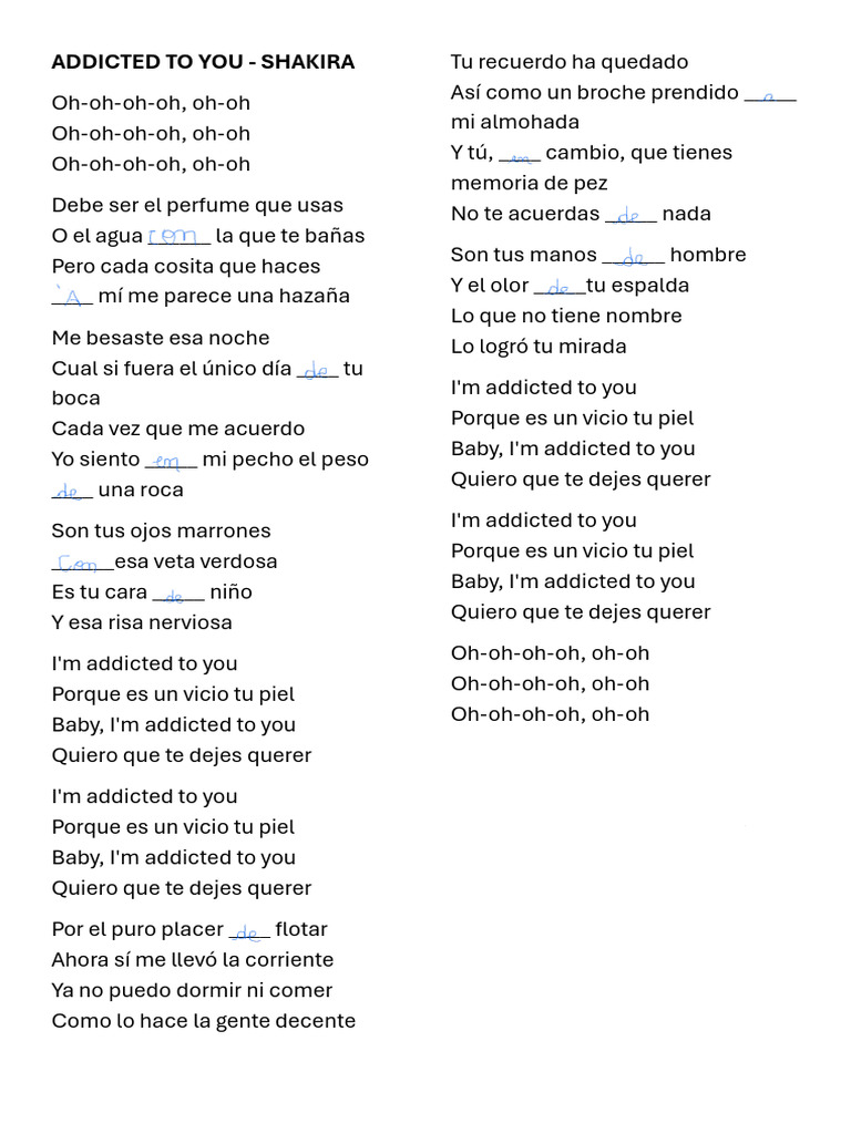 Letra de "Addicted to You" de Shakira | PDF