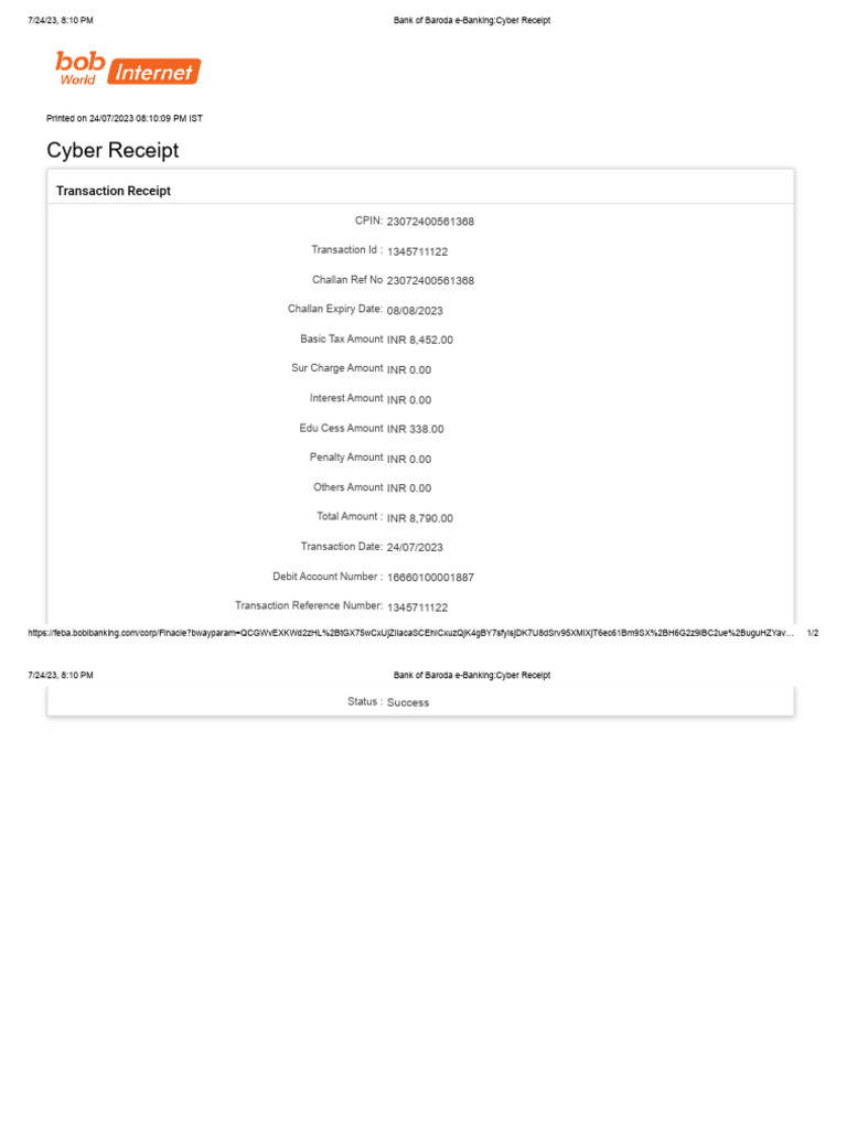 Bank of Baroda Cyber Receipt | PDF