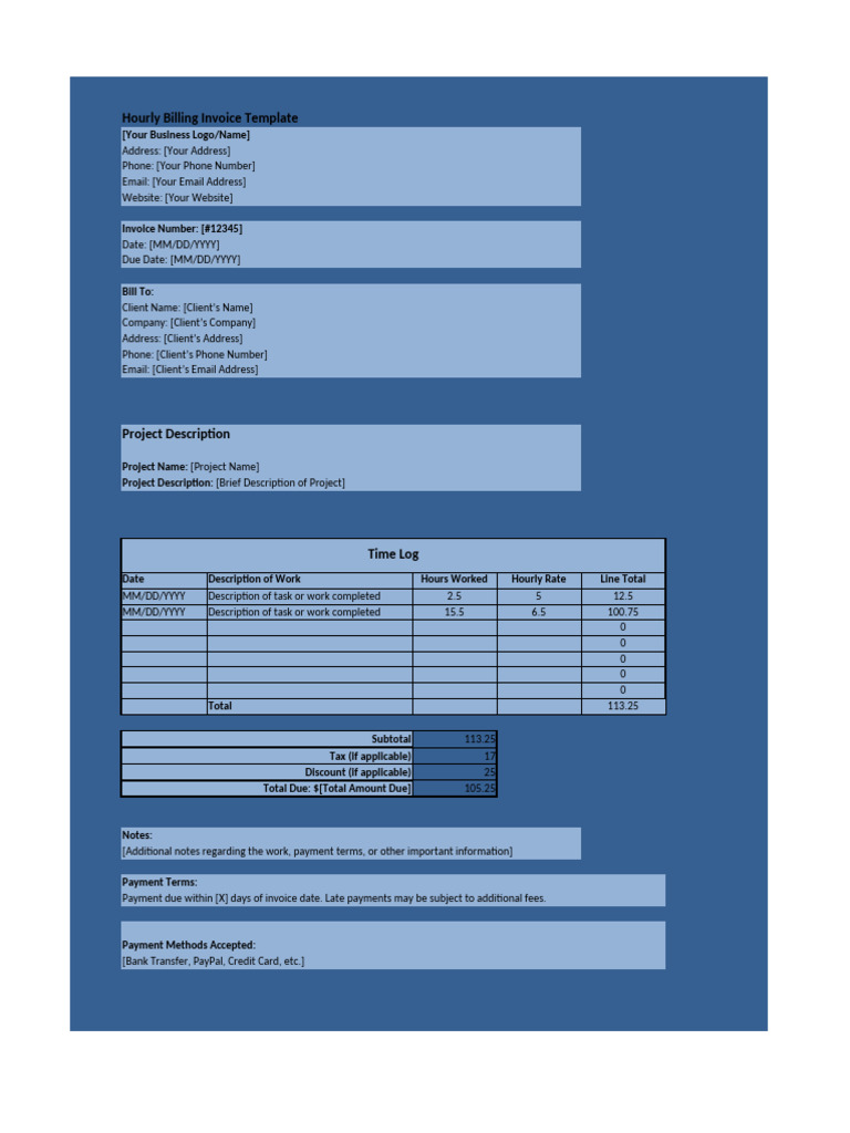 Hourly Billing Invoice Template | PDF