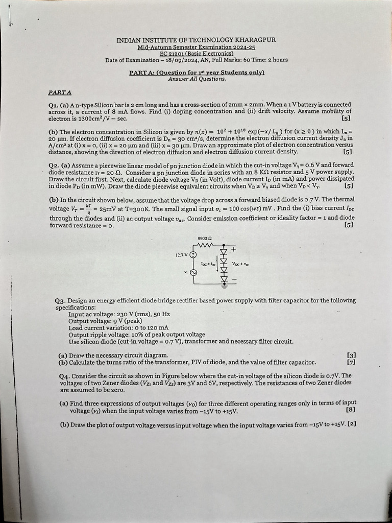 9991 - EC21201 - BASIC ELECTRONICS - 2024 - Autumn - Midsem | PDF | Diode | P–N Junction
