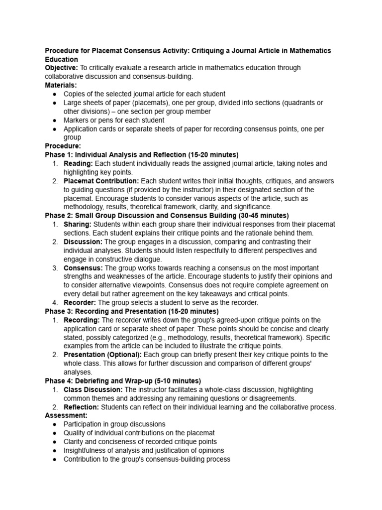Placemat Consensus for Math Article Critique | PDF | Methodology ...