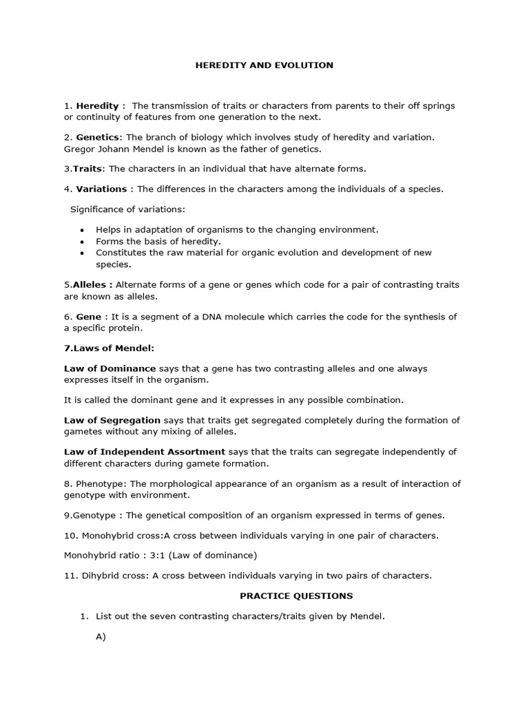 Heredity and Evolution Notes | PDF | Dominance (Genetics) | Gene