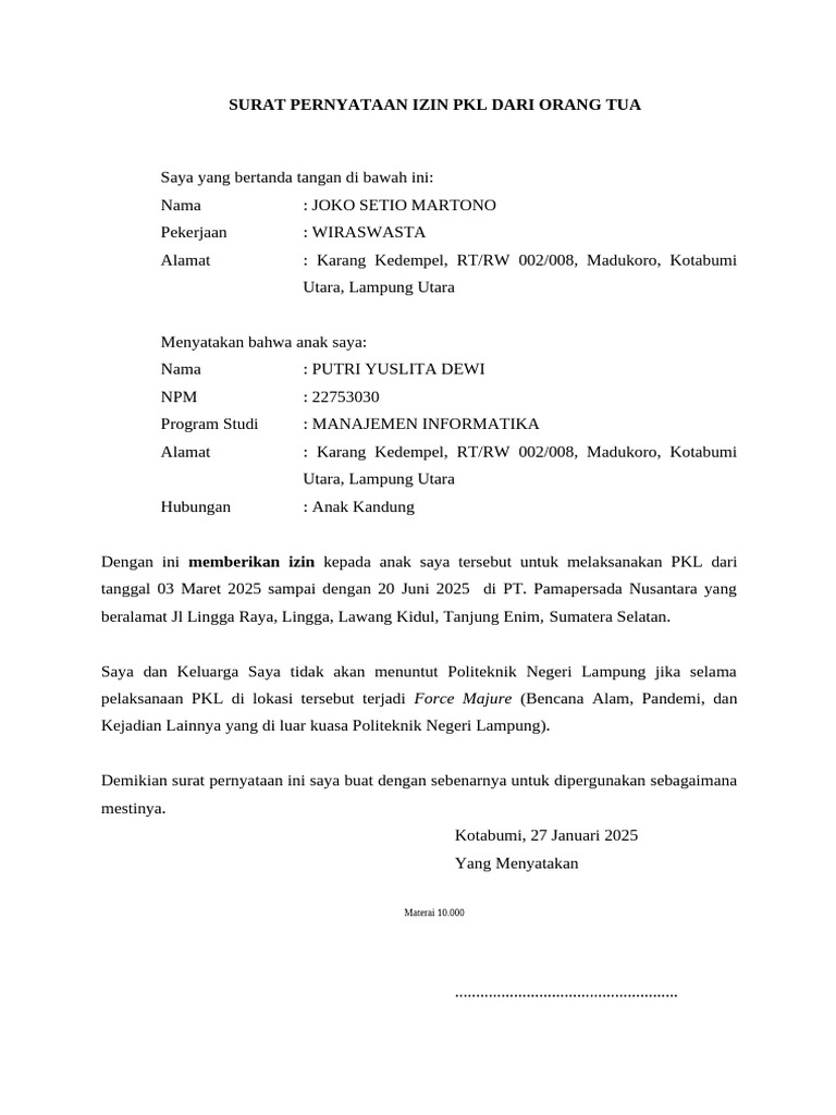 Surat Pernyataan Izin Dari Orang Tua Fix | PDF