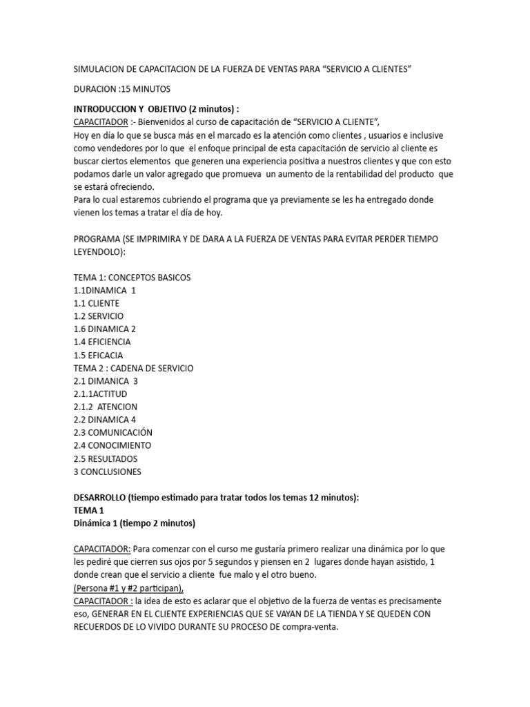 Simulacion de Capacitacion FV Atencion Al Cliente | PDF