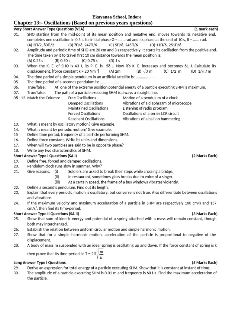 Work Sheet Chapter 13 Class 11th Physics | PDF | Oscillation | Physical Phenomena